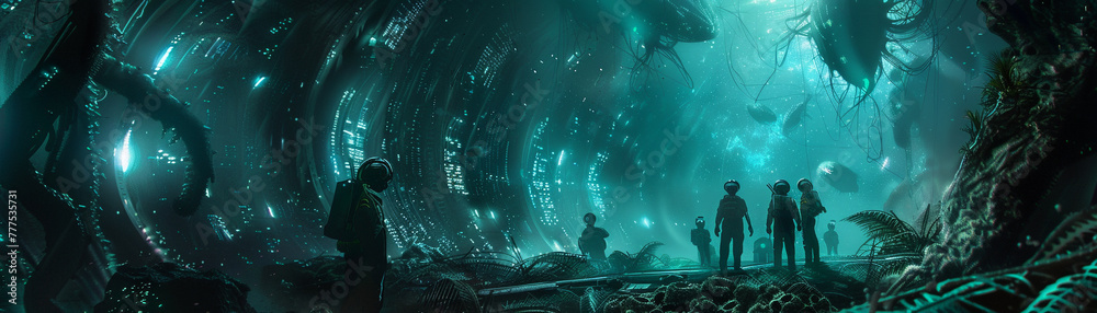 A group of explorers with AI assistants in a high-tech, subterranean ...