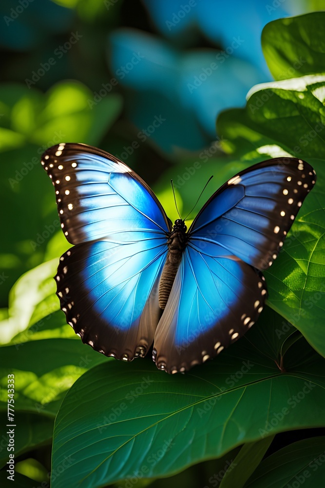 Blue morpho butterfly (morpho menelaus) resting on lush green leaves ...
