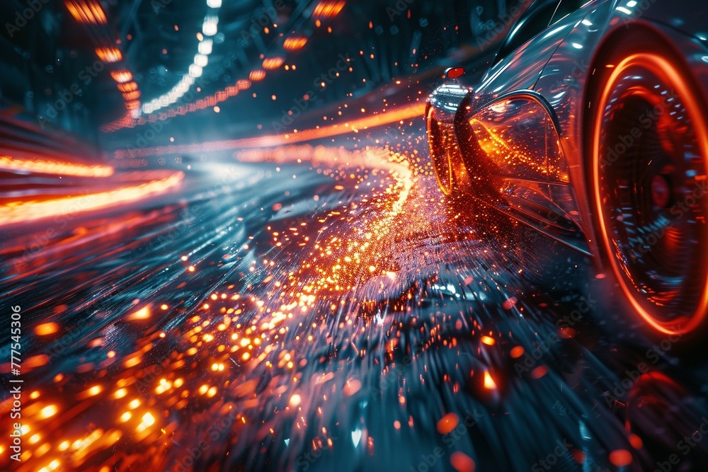 Close-up of a dark, spotted car racing wheel in a high-speed spin ...