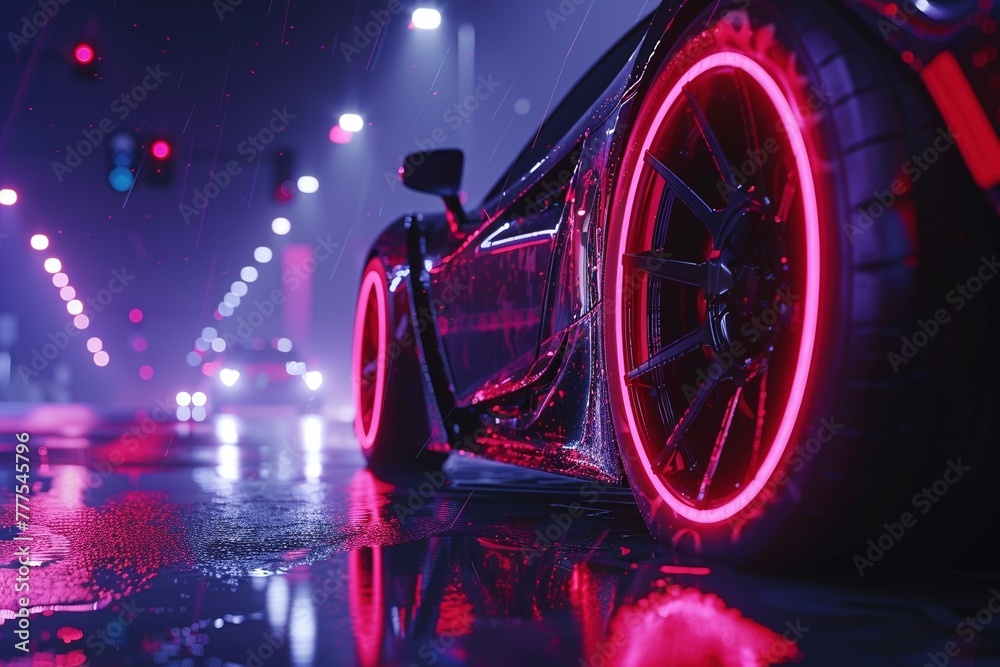 A hyper-realistic, animated GIF-style close-up of a car racing wheel ...