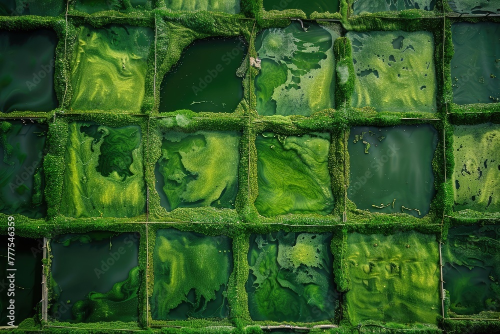 An aerial view of an algae biofuel farm growing algae in huge open ...