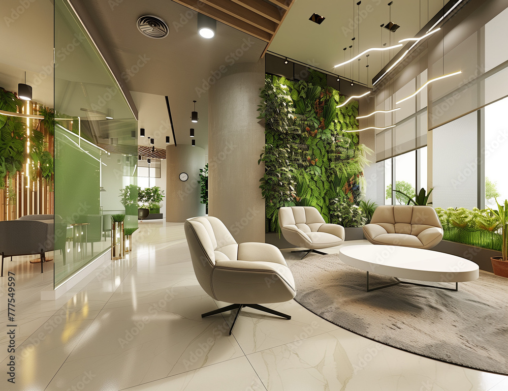 "Eco-Modern Office Lounge" A serene office lounge area adorned with ...