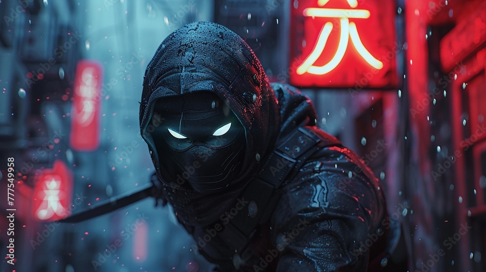 Animated black ninja, mask on, side leap, dark alley, flickering neon ...