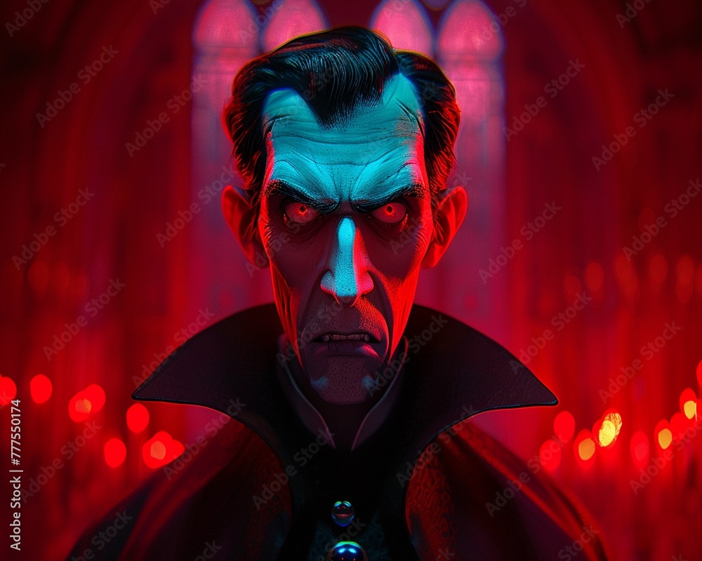 Animated vampire, humorous expression, eyelevel angle, spooky mansion ...