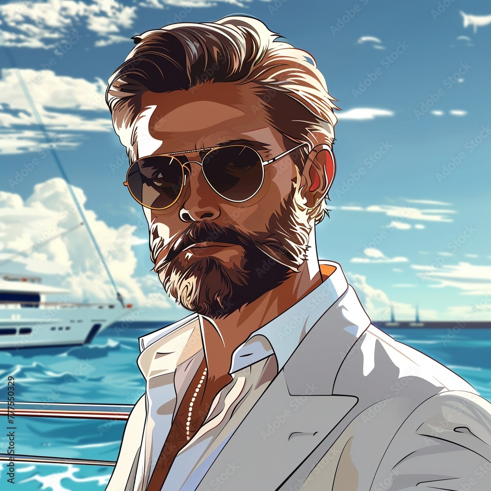 Cartoon dapper dude, fine hairstyle, facing viewer, low front angle ...