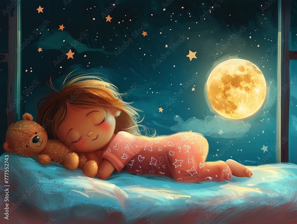 Sleepy cartoon character, fluffy pink pajama, eyelevel angle, moonlit ...