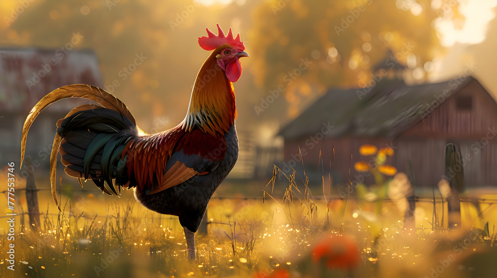 Regal rooster standing tall amidst a rustic farmyard, its feathers ...