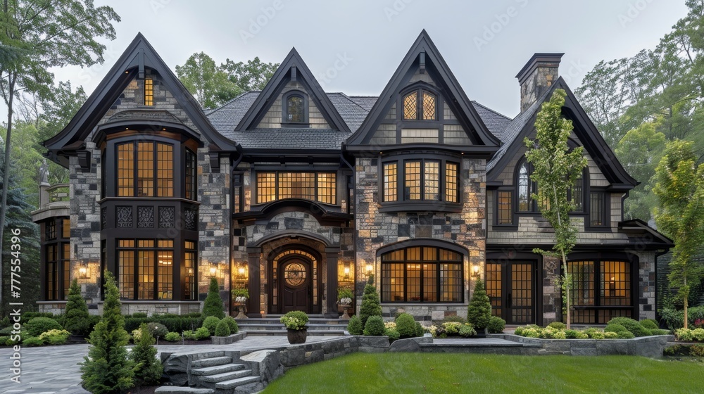 Exterior Tudor house styles feature steeply pitched roofs, decorative ...