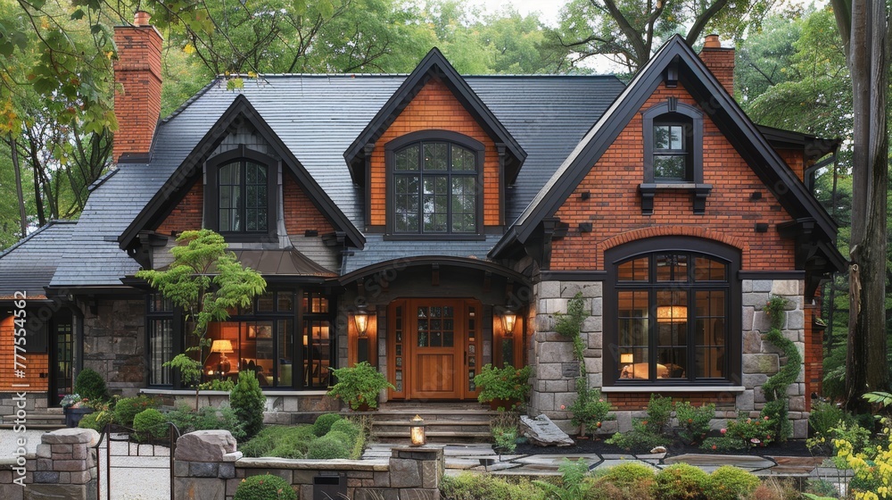 Exterior Tudor house styles feature steeply pitched roofs, decorative ...