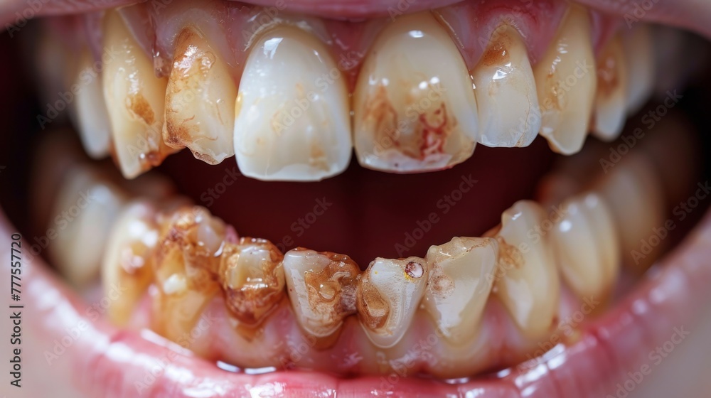 The grim sight of decaying upper teeth, marred by cavities and ...