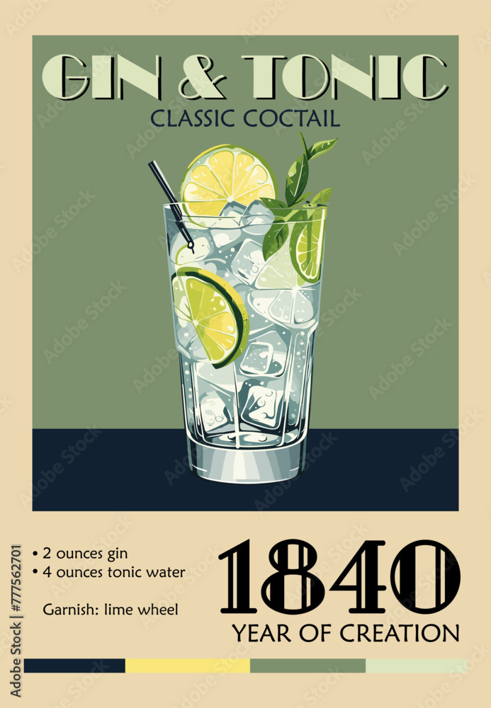 Gin and Tonic Cocktail retro poster with recipe and year of creation ...