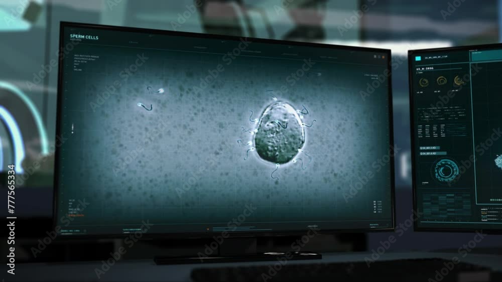 Sperm Cells Analysis By Medical Microscope Interface On Screen. Human ...