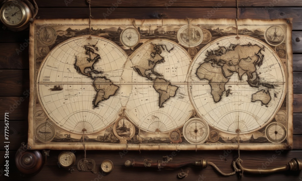 This image showcases twin hemispherical old maps on a wooden surface ...