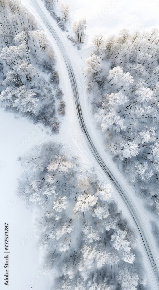 /imagine Aerial photo of a snow scene with a curve road from a top-down ...