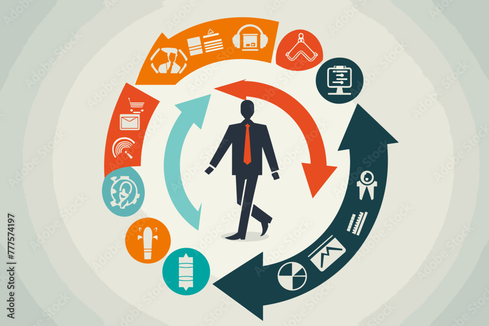 Vecteur Stock Circular arrow with businessman icons depicting various ...