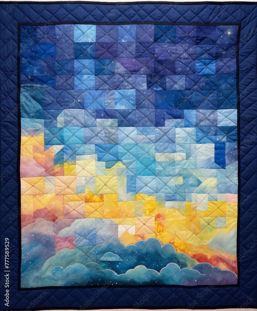 Aquarelle sunset sky quilt with blue, yellow and pink hues, traditional ...