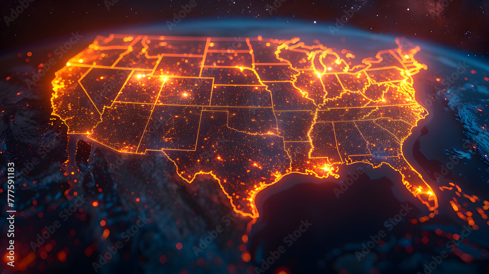 A digital map of the United States displaying illuminated connections ...