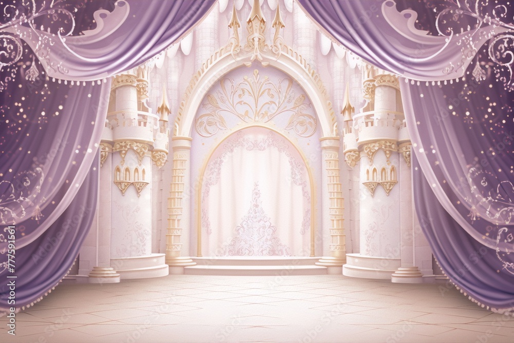 A digitally illustrated fantasy castle ballroom with a stage, in soft ...