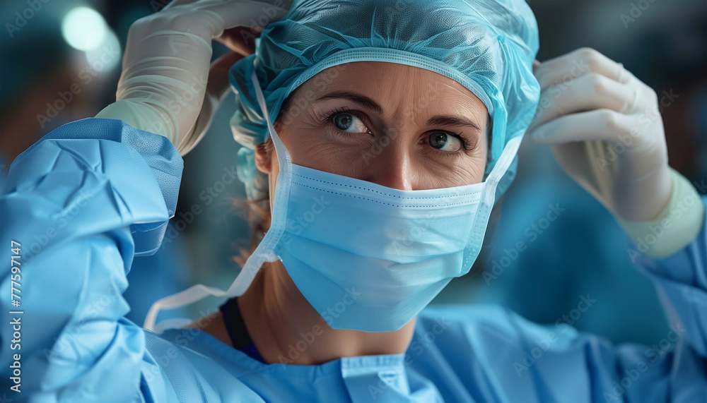 Focused Female Surgeon Preparing For Surgery Female Surgeon Adjusts