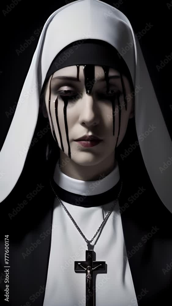 Vidéo Stock A stylized portrait of a nun with a gothic aesthetic, black ...