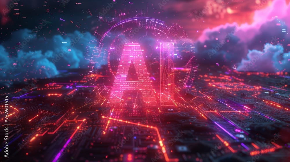 Vividly glowing AI letters emerging in a virtual reality environment ...