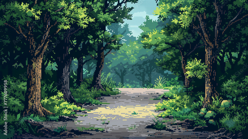 morning in the woods, pixel art background of a forest, woodland area ...