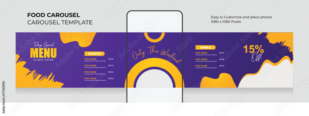 Modern Food menu social media carousel template. Instagram carousel ...