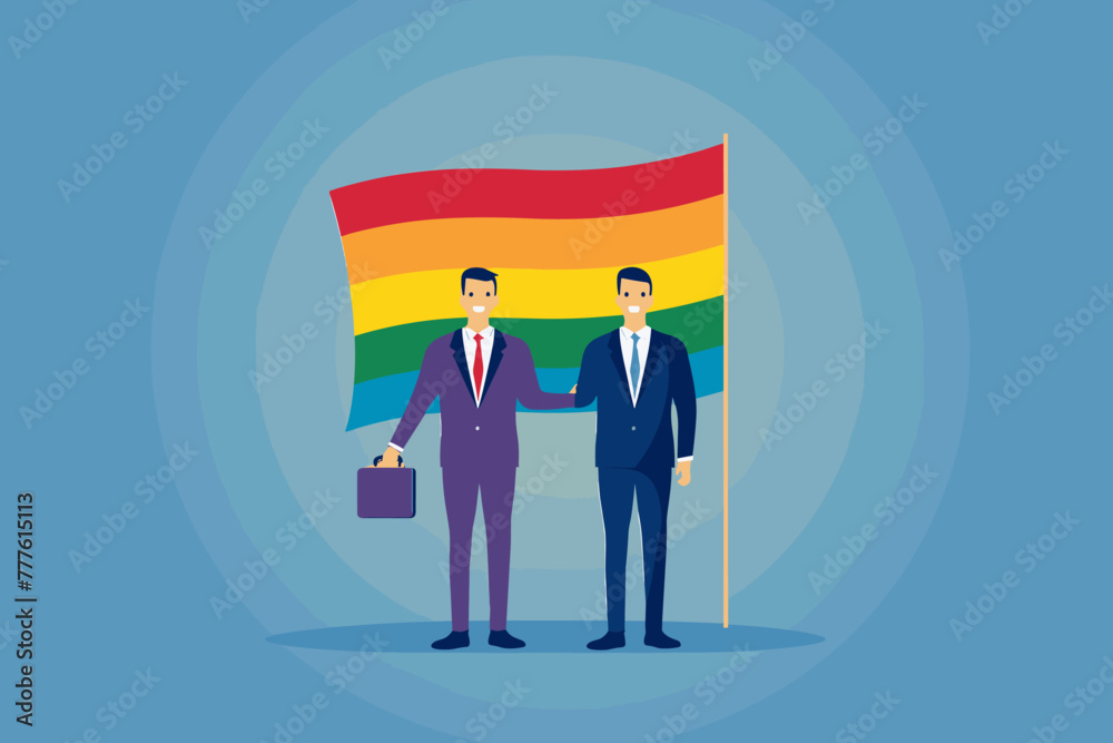 Progressive businessman and businessman proudly display a rainbow flag ...