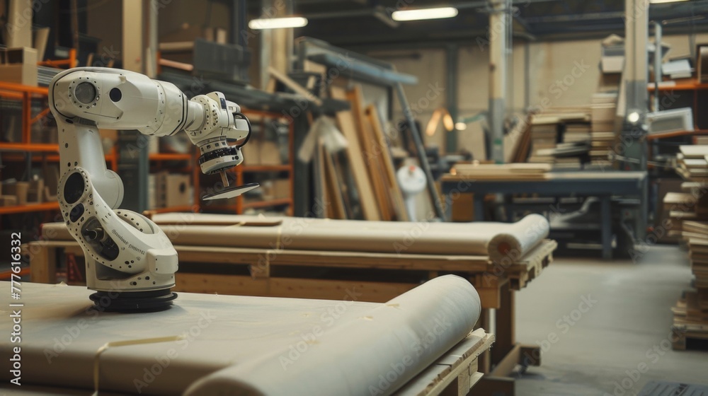 Furniture factory. Automated furniture production. Automated arm. Robot ...