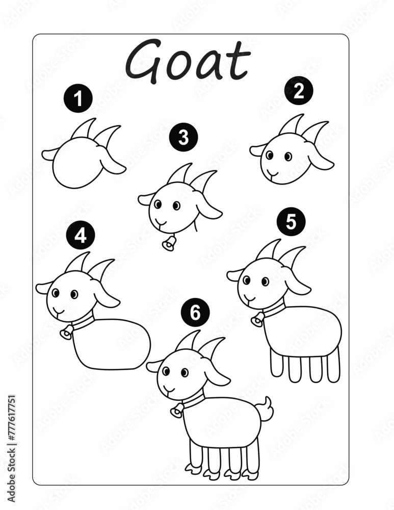 Vetor de How to draw a goat vector illustration. Draw a goat step by step. Cute and easy drawing ...