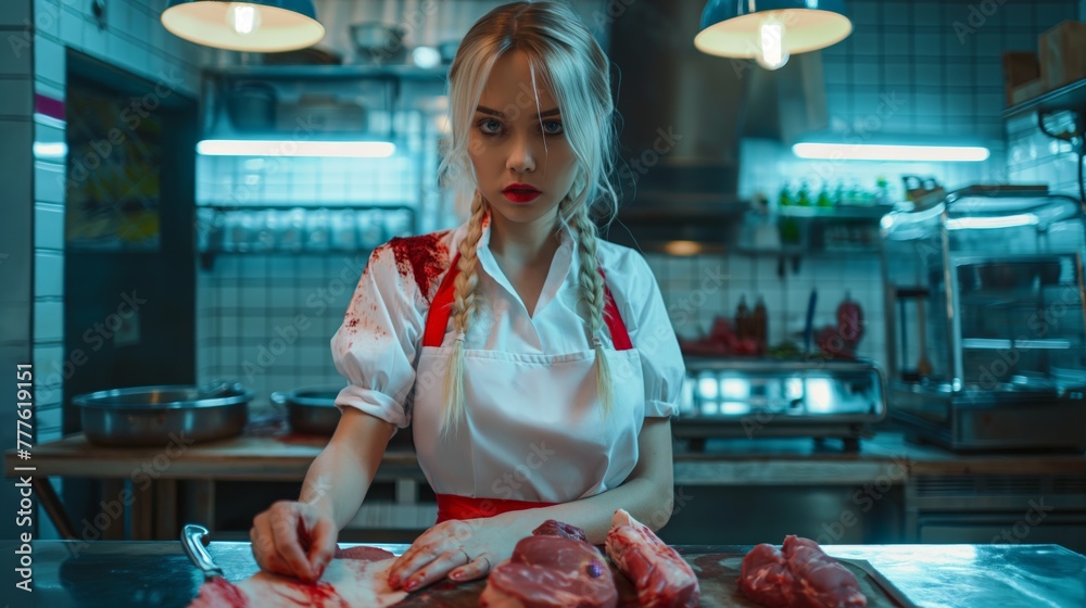 A tender, fragile and beautiful butcher girl behind the counter with ...