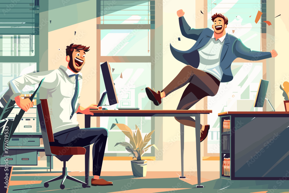 Surprised businessman falls victim to a harmless workplace prank, as a ...