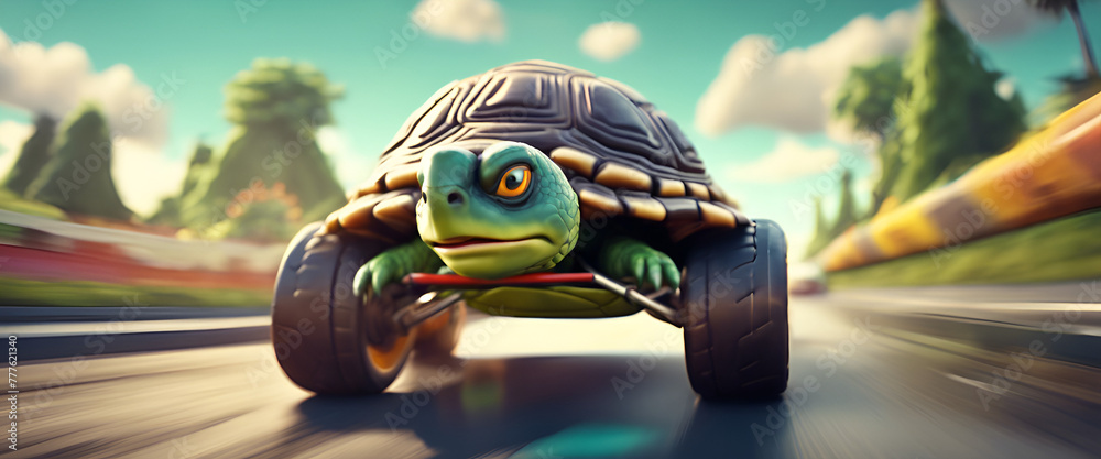 A cute cartoon turtle racing in an off-road car, with the head and ...