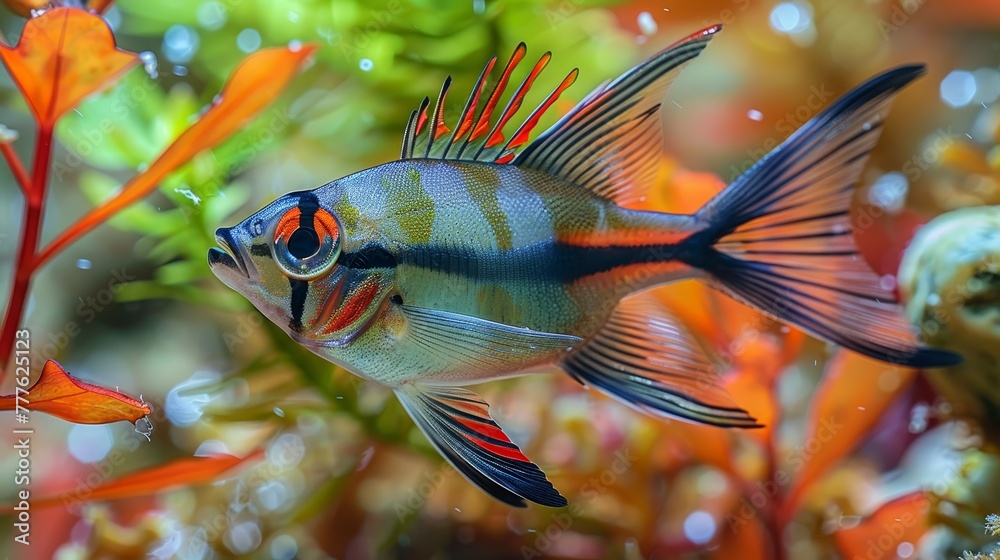 A tight shot of a fish submerged in a water tank, surrounded by aquatic ...