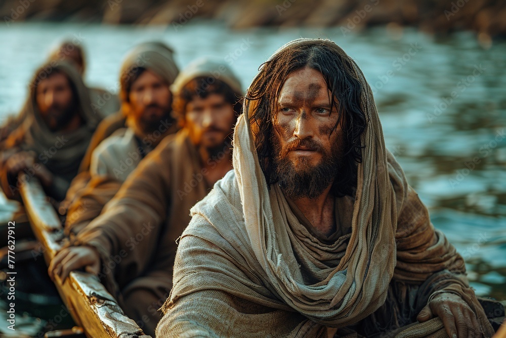 Jesus Christ with his disciples in a boat. Stock Photo | Adobe Stock