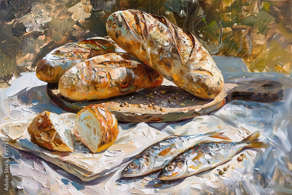 Five loaves of bread and two fishes, Bible story. Stock Illustration ...