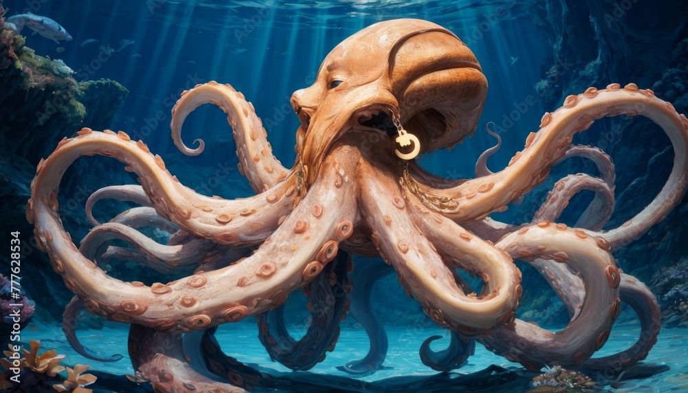 A detailed portrayal of a giant octopus in the ocean depths, its ...