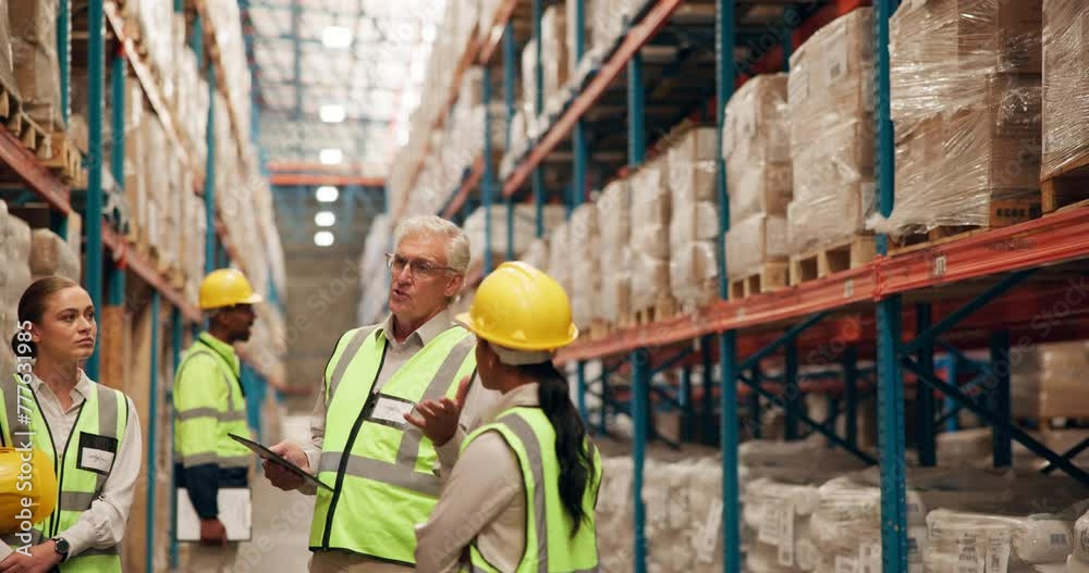 Planning, meeting and group of people in warehouse for discussion ...