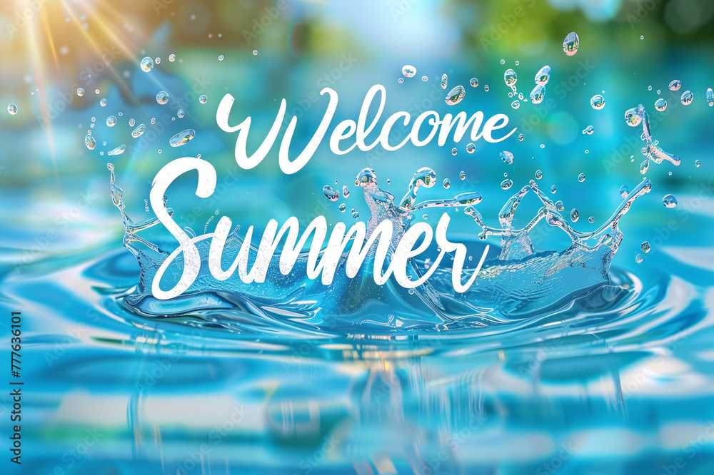 Water background with splashes and lettering Welcome Summer, greeting ...