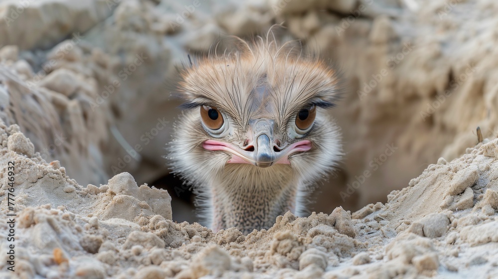 Brave ostrich looking out from sand pit, concept of the opposite use of ...