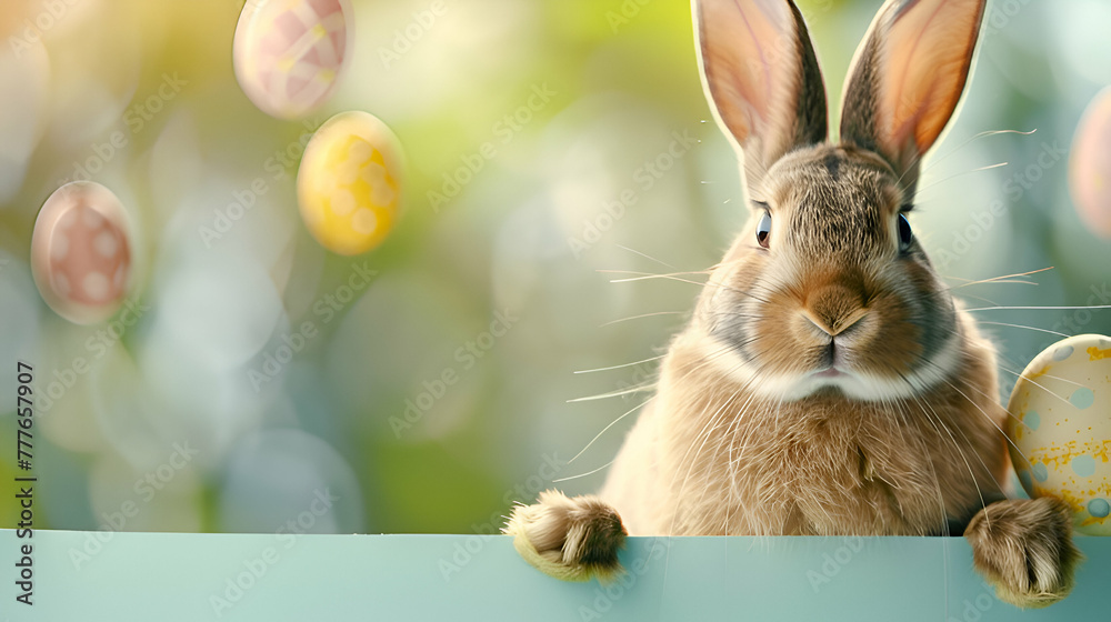 easter bunny and easter eggs and balloon blur background concept Stock ...