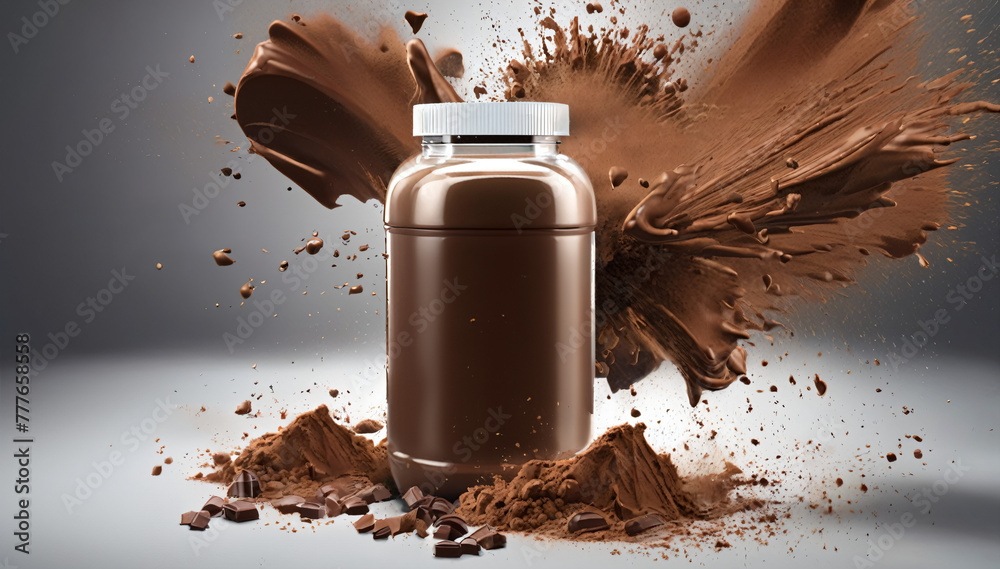 Chocolate protein powder. Large jar of proteins, organic compounds for ...