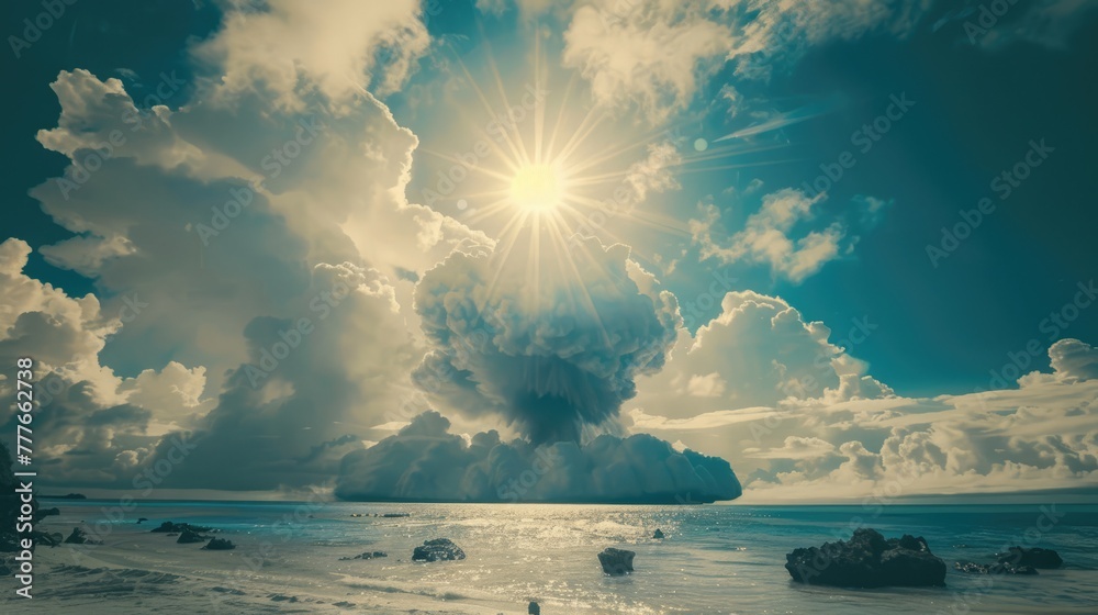 Nuclear blast over the ocean on sunny day. Fire mushroom cloud. Atomic ...
