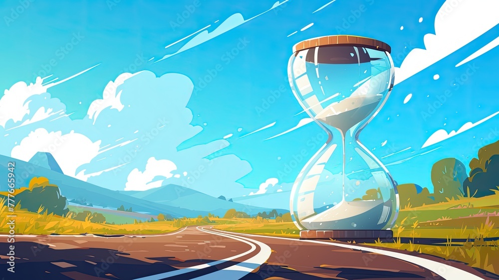 Illustrate the urgency of time with a giant hourglass in a busy road ...