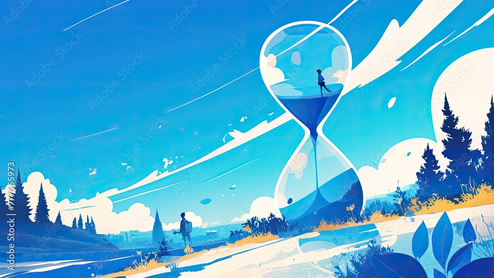 Illustrate the urgency of time with a giant hourglass in a busy road ...