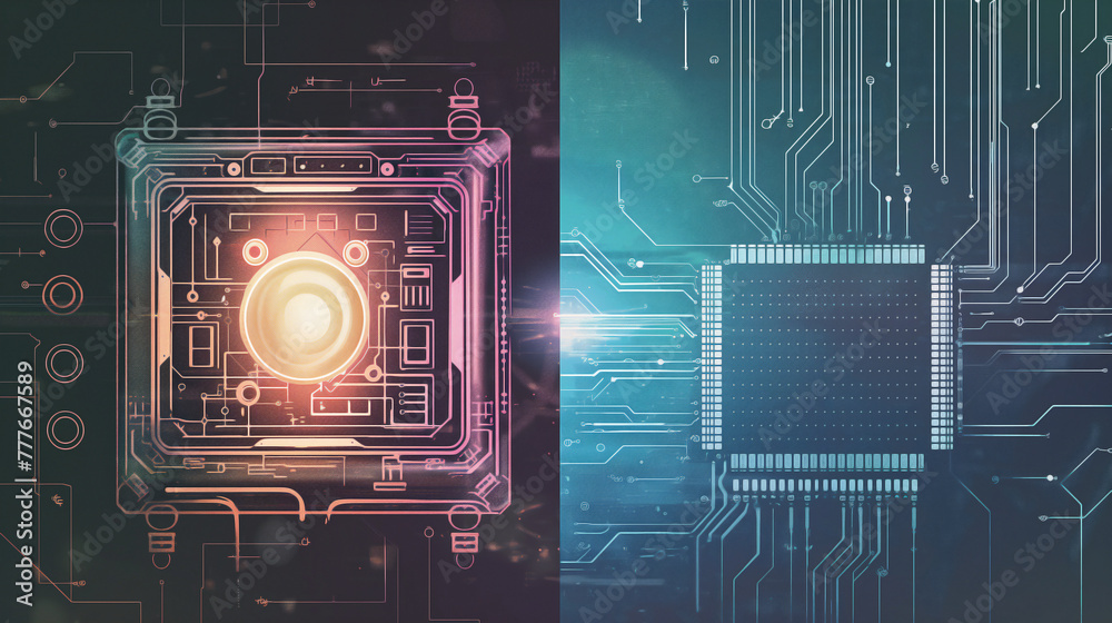 Graphic Image Showing An Antique Transistor On The Left And A High Tech Microchip On The Right