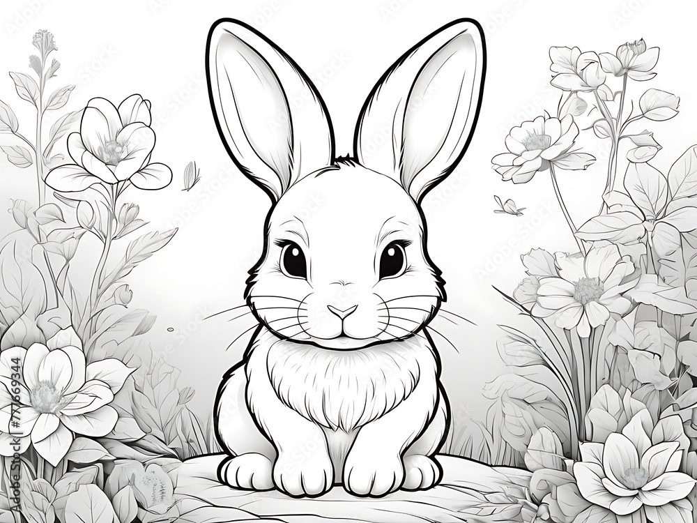 Cute Rabbit coloring page outline illustration Stock Photo | Adobe Stock
