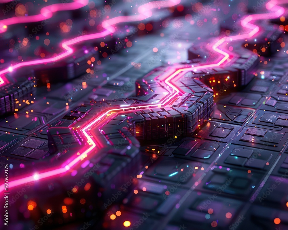 Close-up of a blockchain encryption process, visualized as neon curves ...