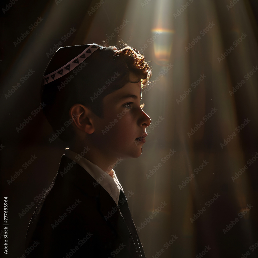 Young jewish boy Kippah, being bar mitzvah in dark room with shafts of ...