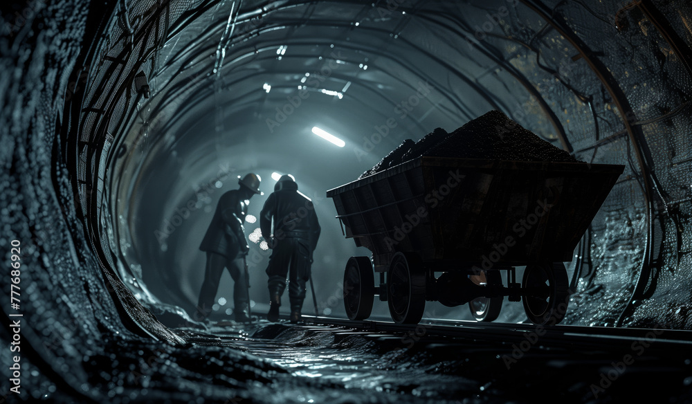 Miners at Work in Tunnel. Two miners stand next to a loaded mining cart ...